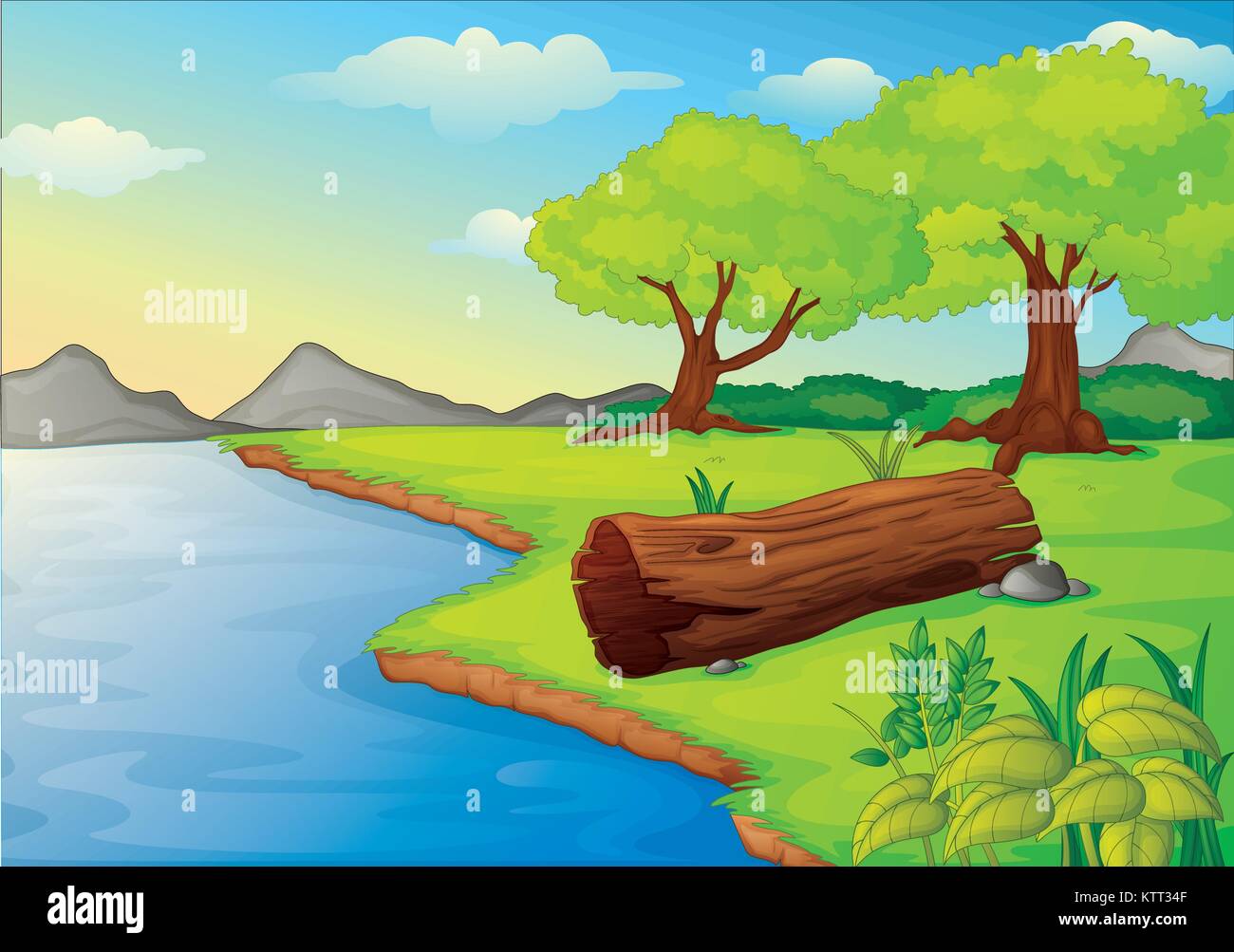Illustration of trees and log hollow by the water Stock Vector Image ...