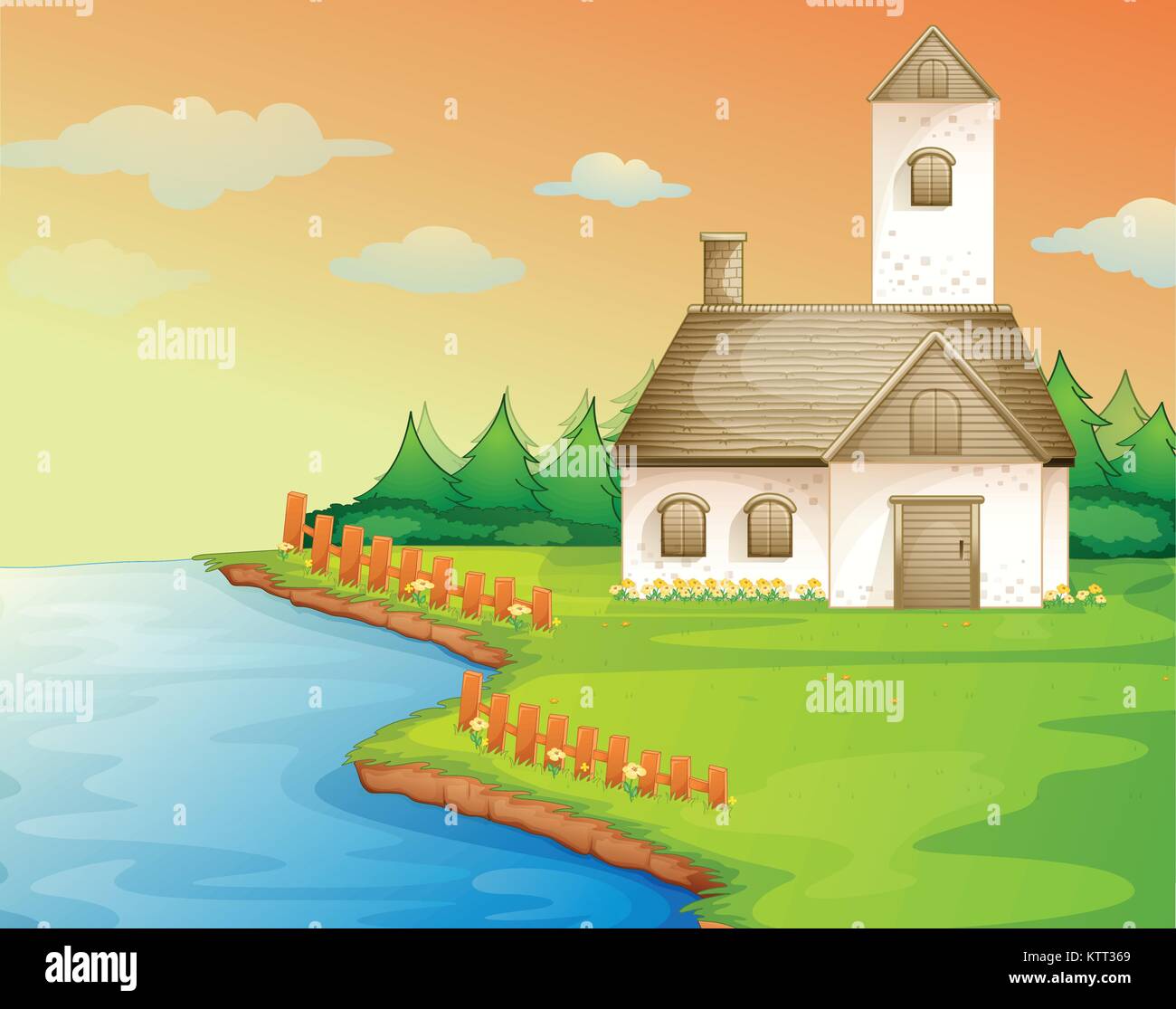 illustration of a house on the bank of river Stock Vector Image & Art ...