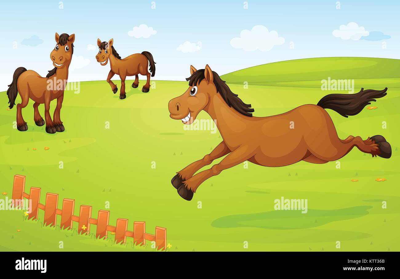 illustration of three horses in a green nature Stock Vector Image & Art ...