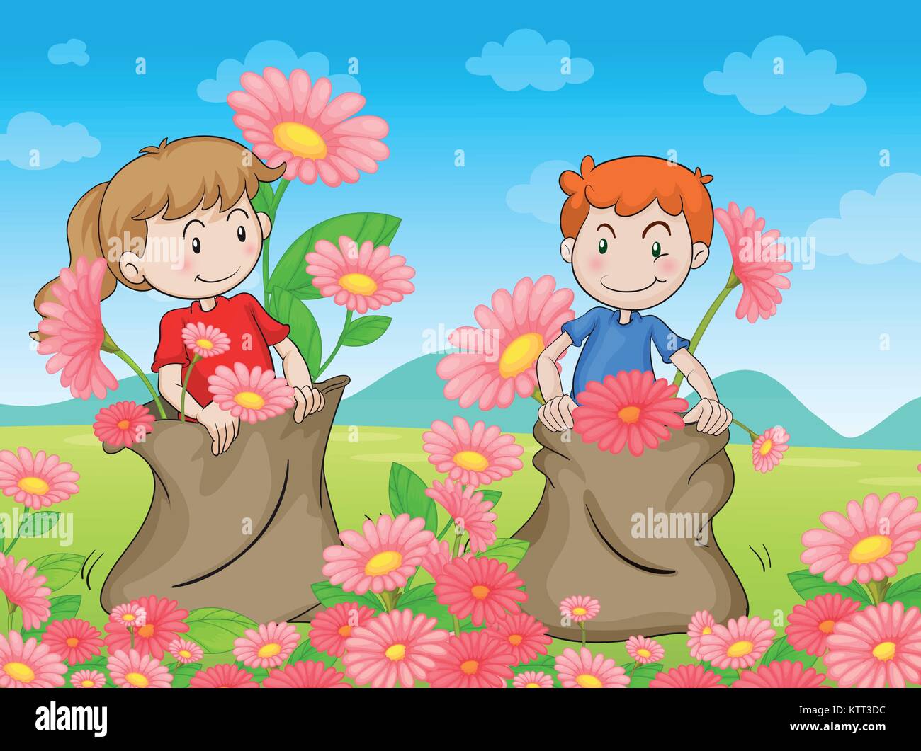 illustration of kids and flowers in a beautiful nature Stock Vector ...