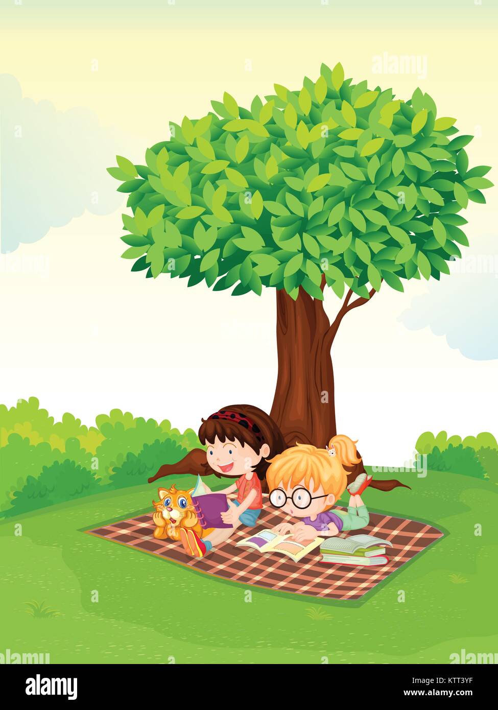 illustration of a boy and girl studying under tree Stock Vector Image ...