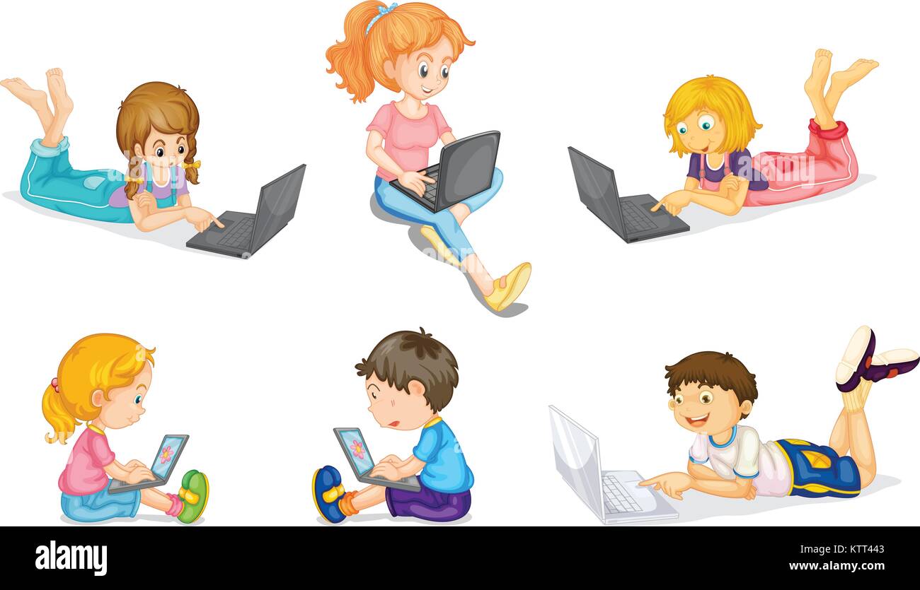 illustration of kids with laptops on a white background Stock Vector ...