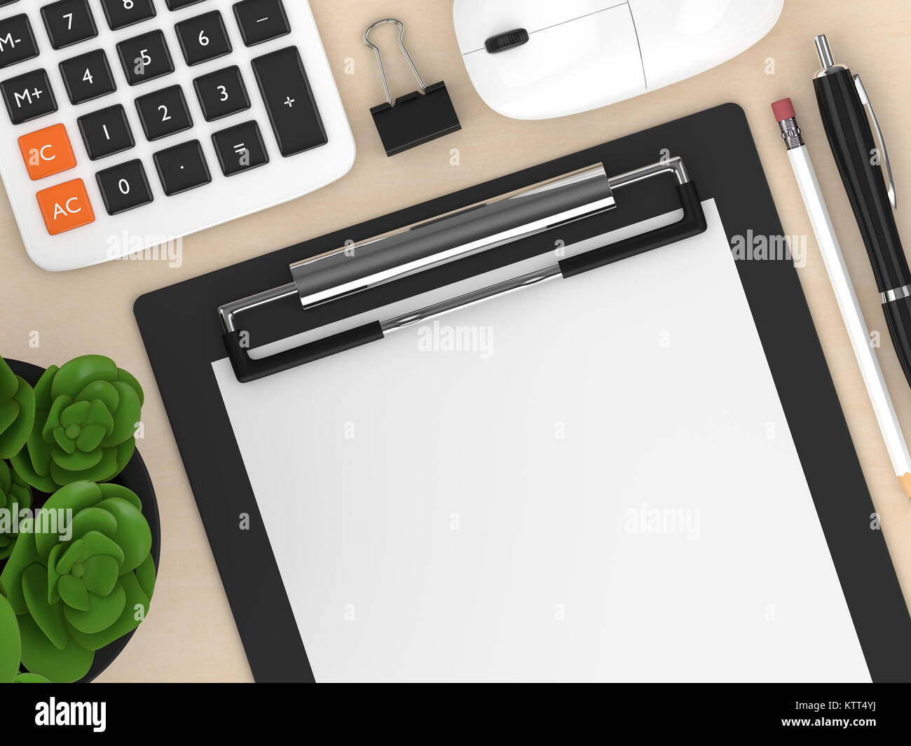 3d render of top view workspace with office tools lying on wooden desk ...