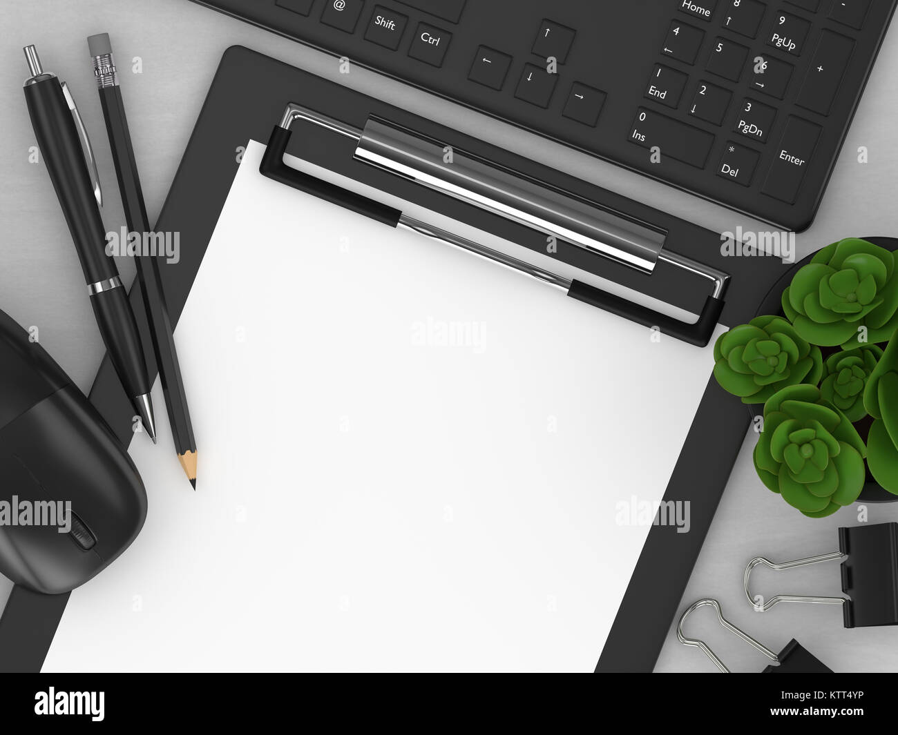 3d render of top view workspace with office tools lying on wooden desk ...