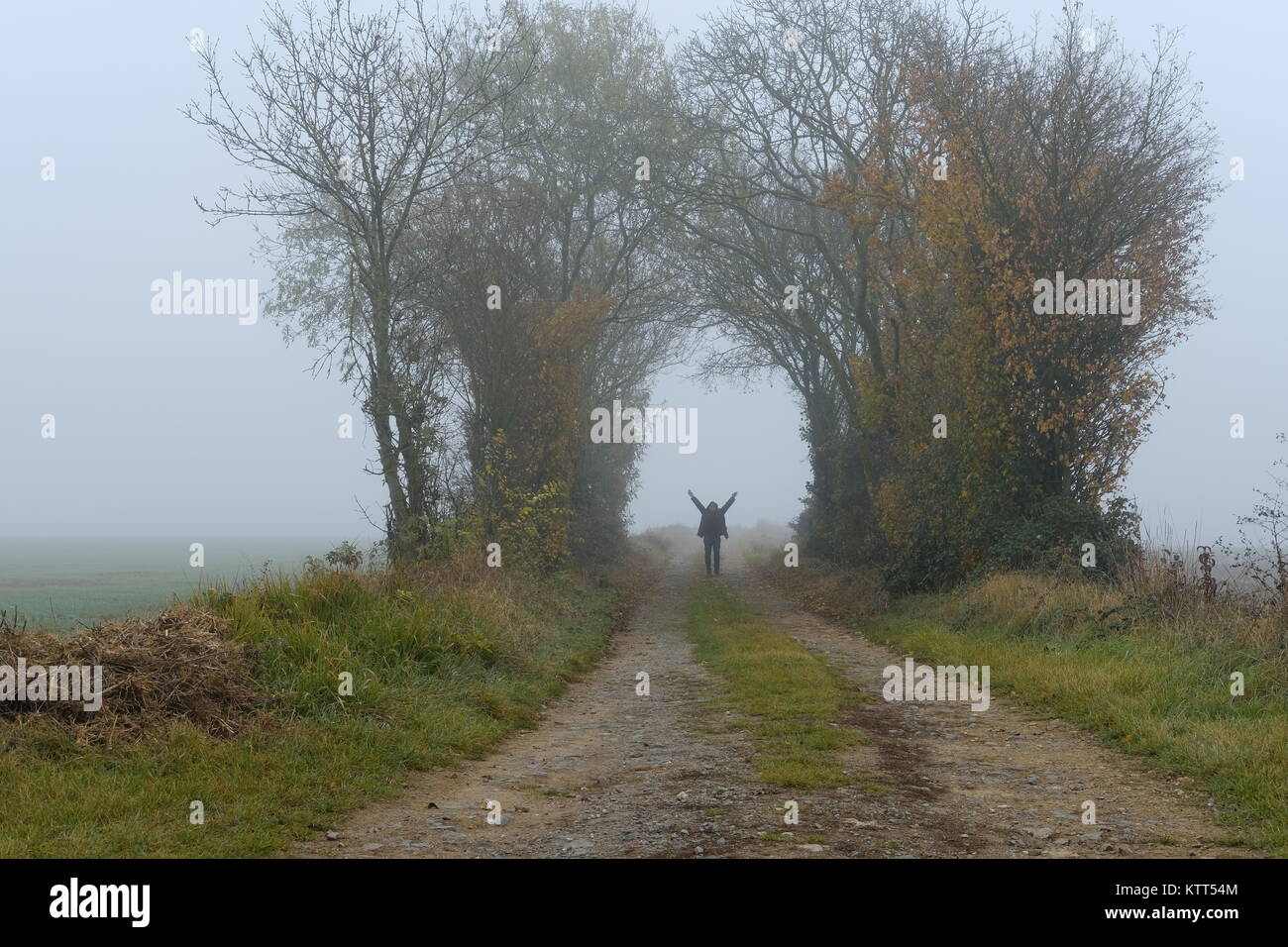 Man with his arms raised standing on rural road in the mist, Niort ...