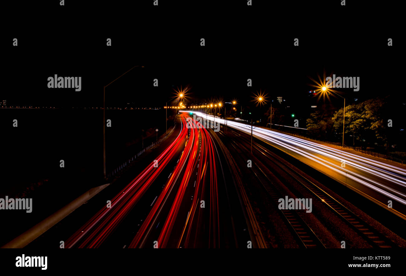 Light trails on a motorway at night, Perth, Western Australia ...