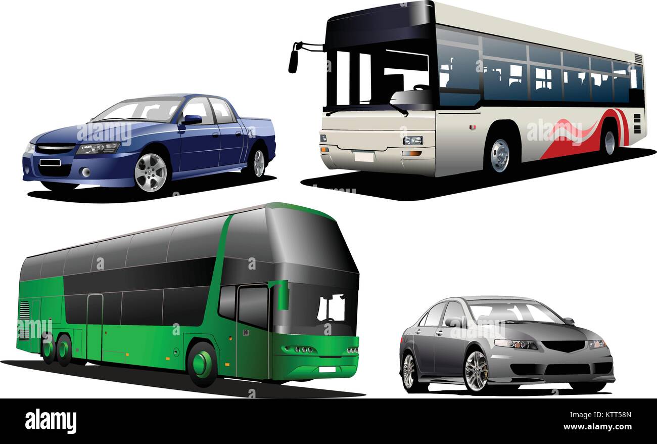 Two buses and two cars on the road. Vector illustration Stock Vector ...