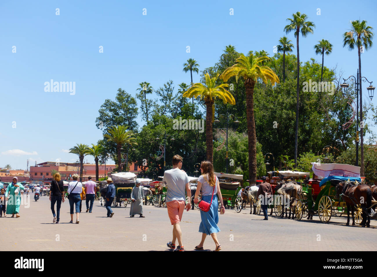 Marrakech, Morocco - May 12, 2017: Tourists and locals are walking on ...