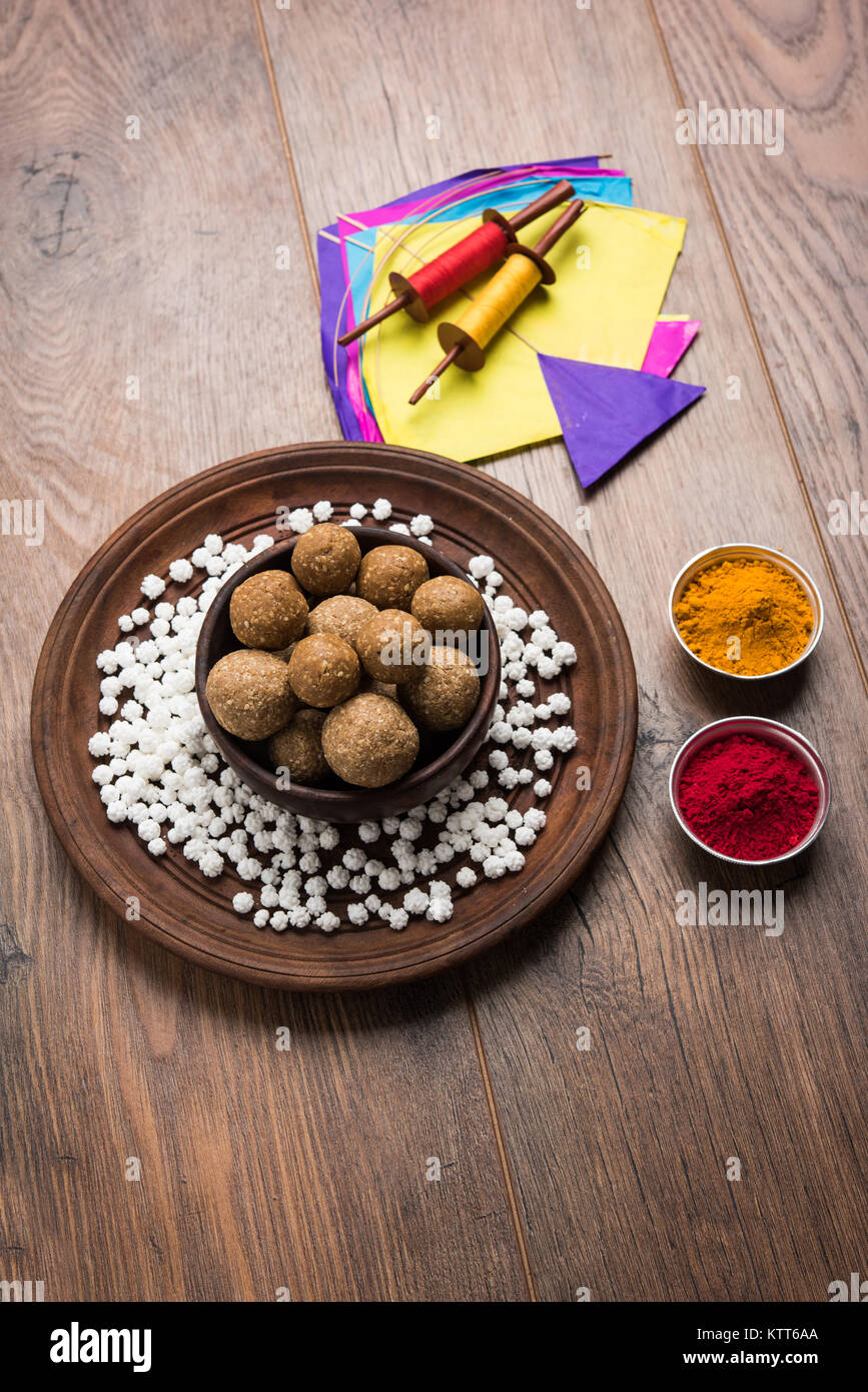 happy Makar Sankranti greeting card - Tilgul or Til ladoo in a bowl or ...