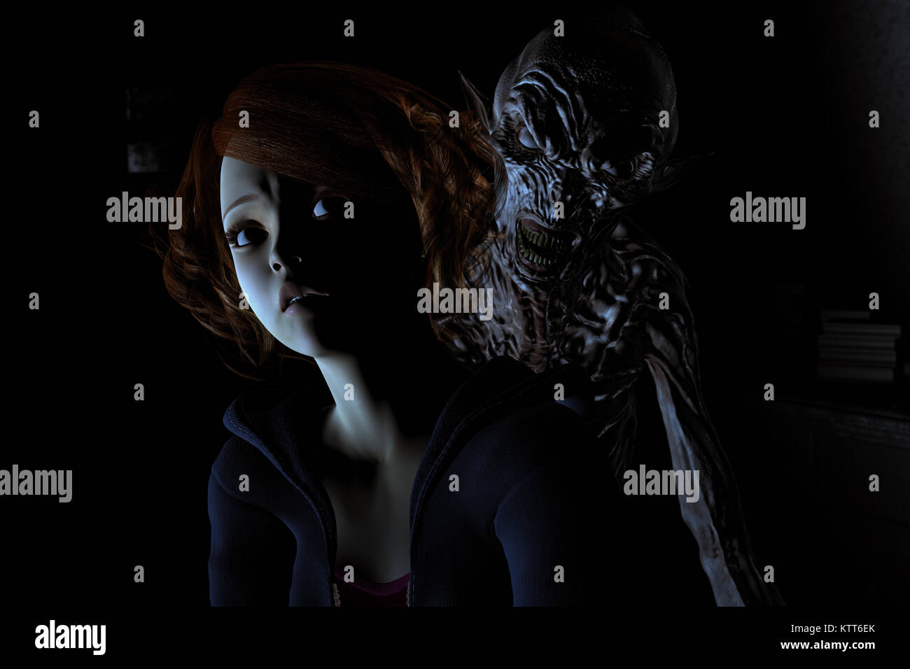 3d illustration,Girl is being panic of mythical creature from her ...