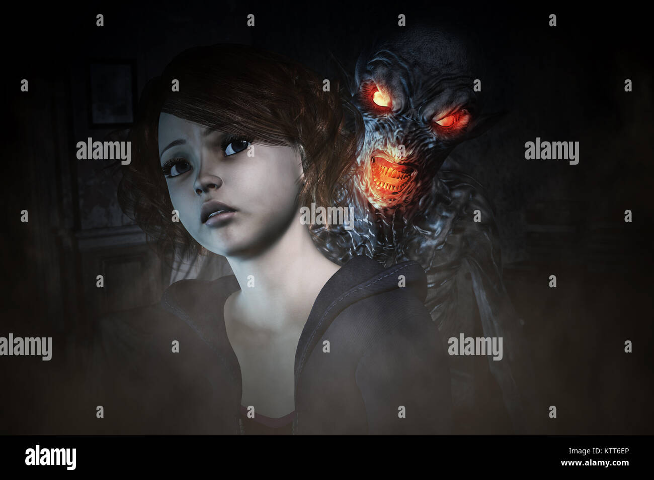 3d illustration,Girl is being panic of mythical creature from her ...