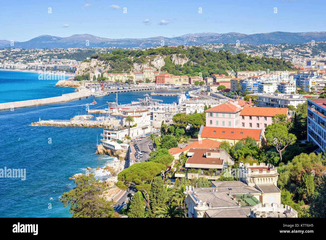 Daylight sunny view to city buildings. Bright blue sea and sky ...