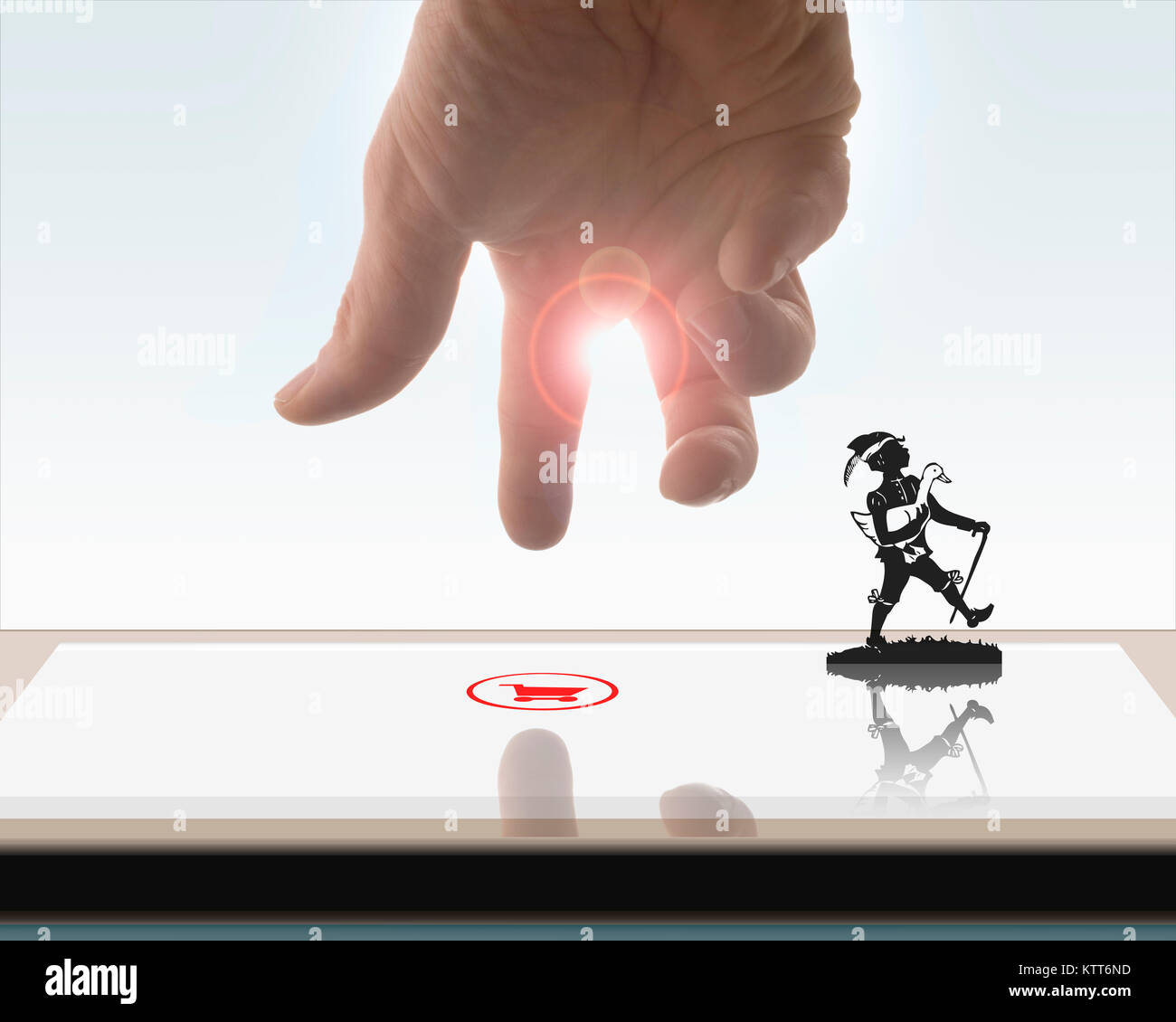 Hand is touching a Screen with shopping cart icon and figure, isolated ...