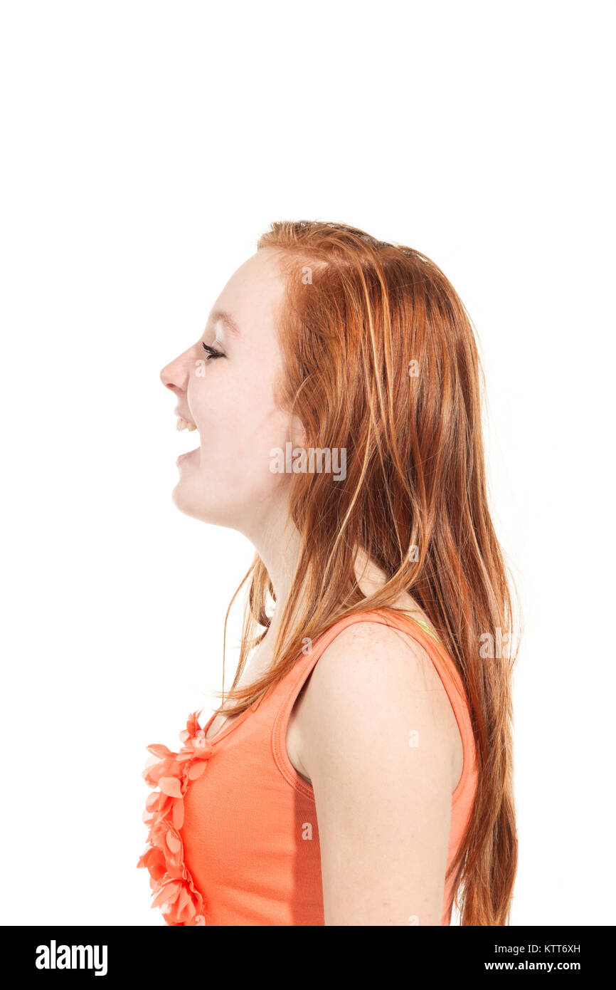 Cute young girl, side view, isolated on white background Stock Photo ...