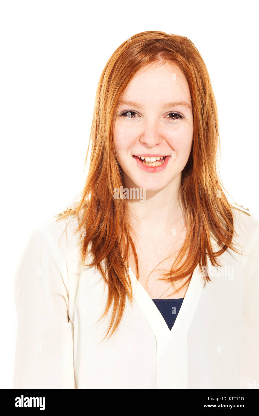 portrait of cute redheaded girl, isolated on white background Stock ...
