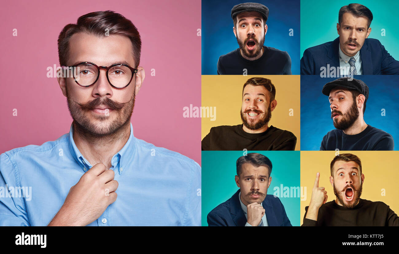 Collage about young man expressing different emotions at studio Stock ...