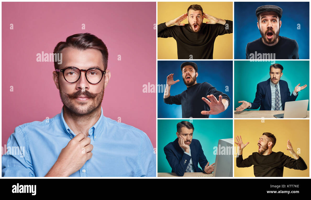 Collage about young man expressing different emotions at studio Stock ...