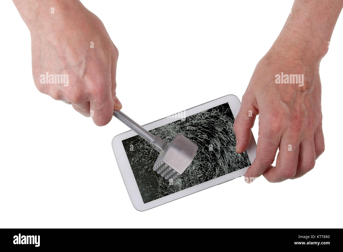 Angry old man with a kitchen iron hammer smashes destroys a tablet ...