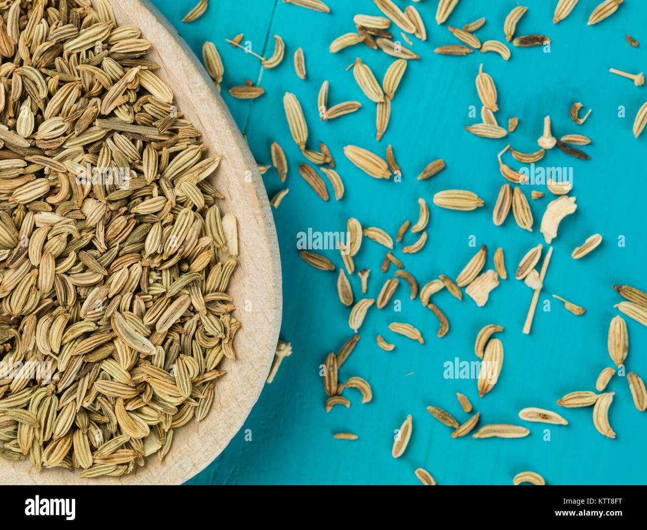 Spoonful of Dried Fennel Seed Cooking Spice Against a Blue Background ...