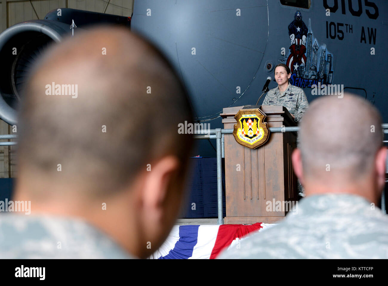 Col. Denise Donnell, vice commander of the 105th Airlift Wing, speaks ...