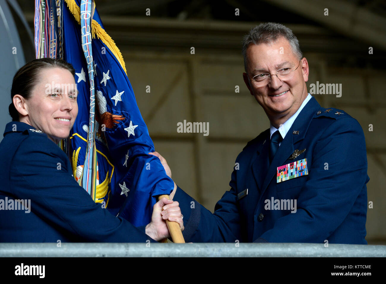 Col. Denise Donnell receives the 105th Airlift Wing guidon from Maj ...