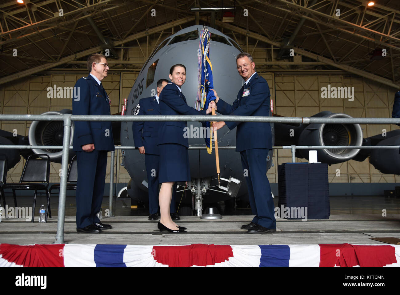 Col. Denise Donnell receives the 105th Airlift Wing guidon from Maj ...