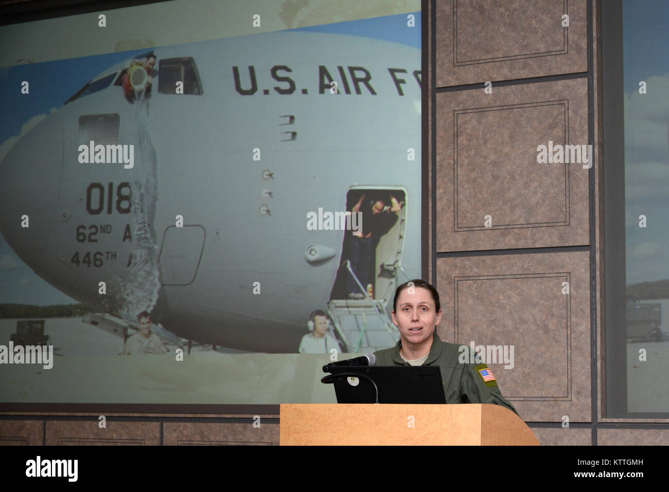 Col. Denise Donnell, commander of the 105th Airlift Wing, speaks during ...