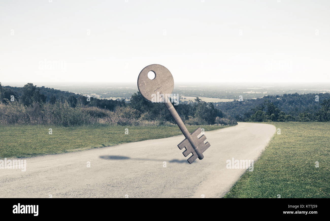 Conceptual background image of concrete key sign on asphalt road Stock ...