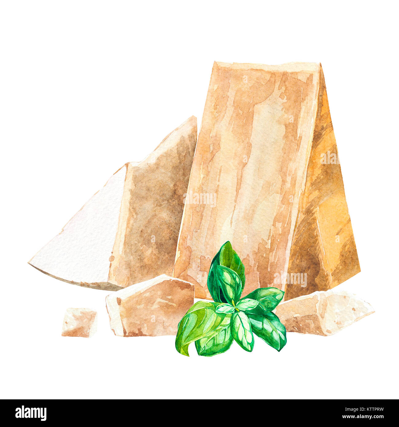 Parmesan cheese pieces with basil herbs isolated on white background ...