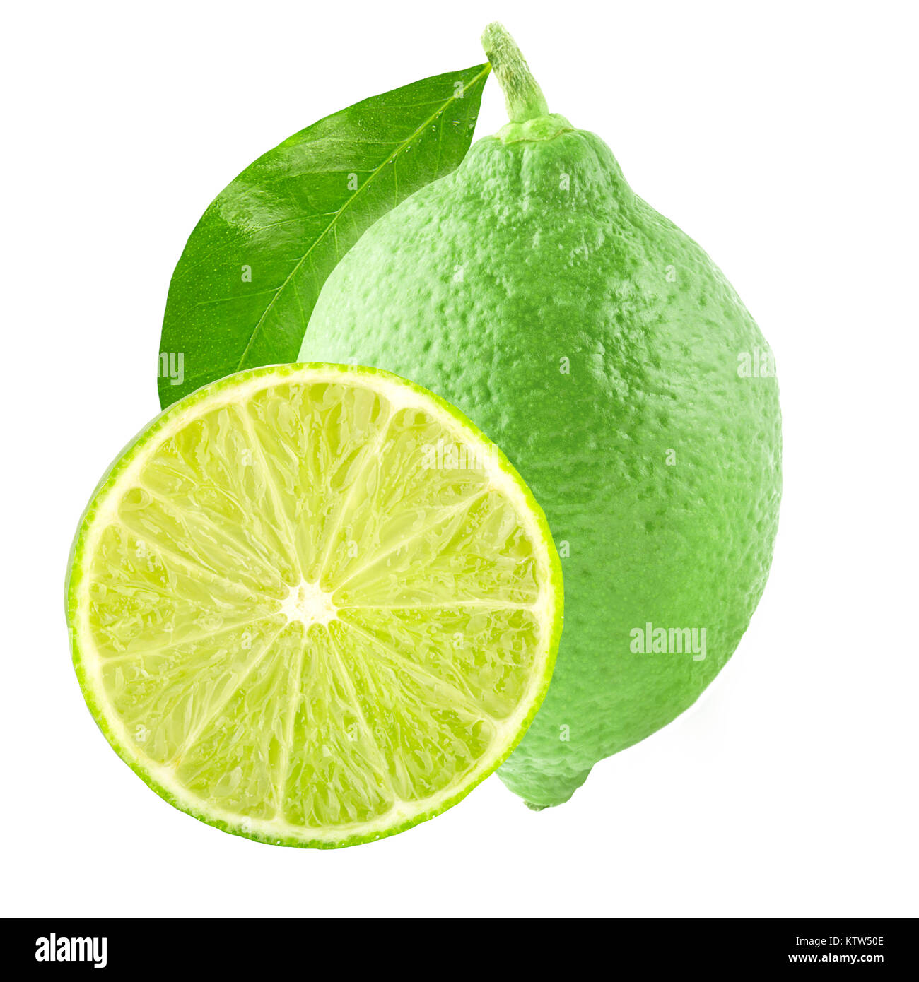 Isolated limes. One lime and slice with leaf isolated on white ...