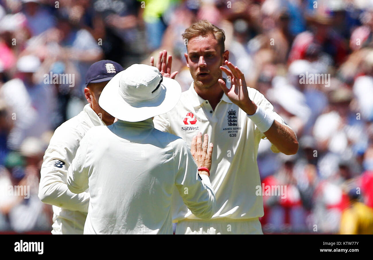 England's Stuart Broad celebrates the wicket of Jackson Bird during day ...