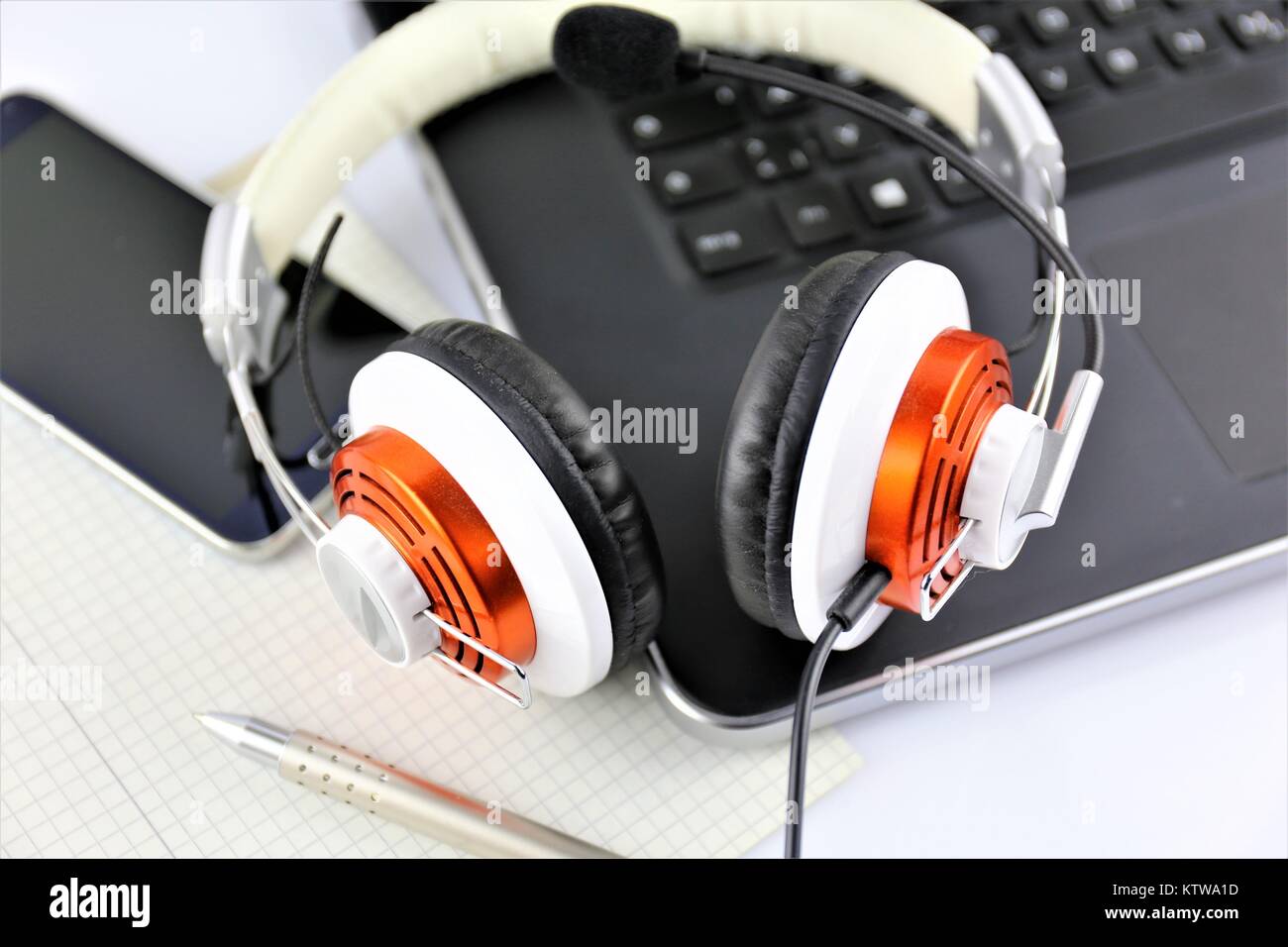 An concept Image of a Office desk with a Headset and a Keyboard Stock ...
