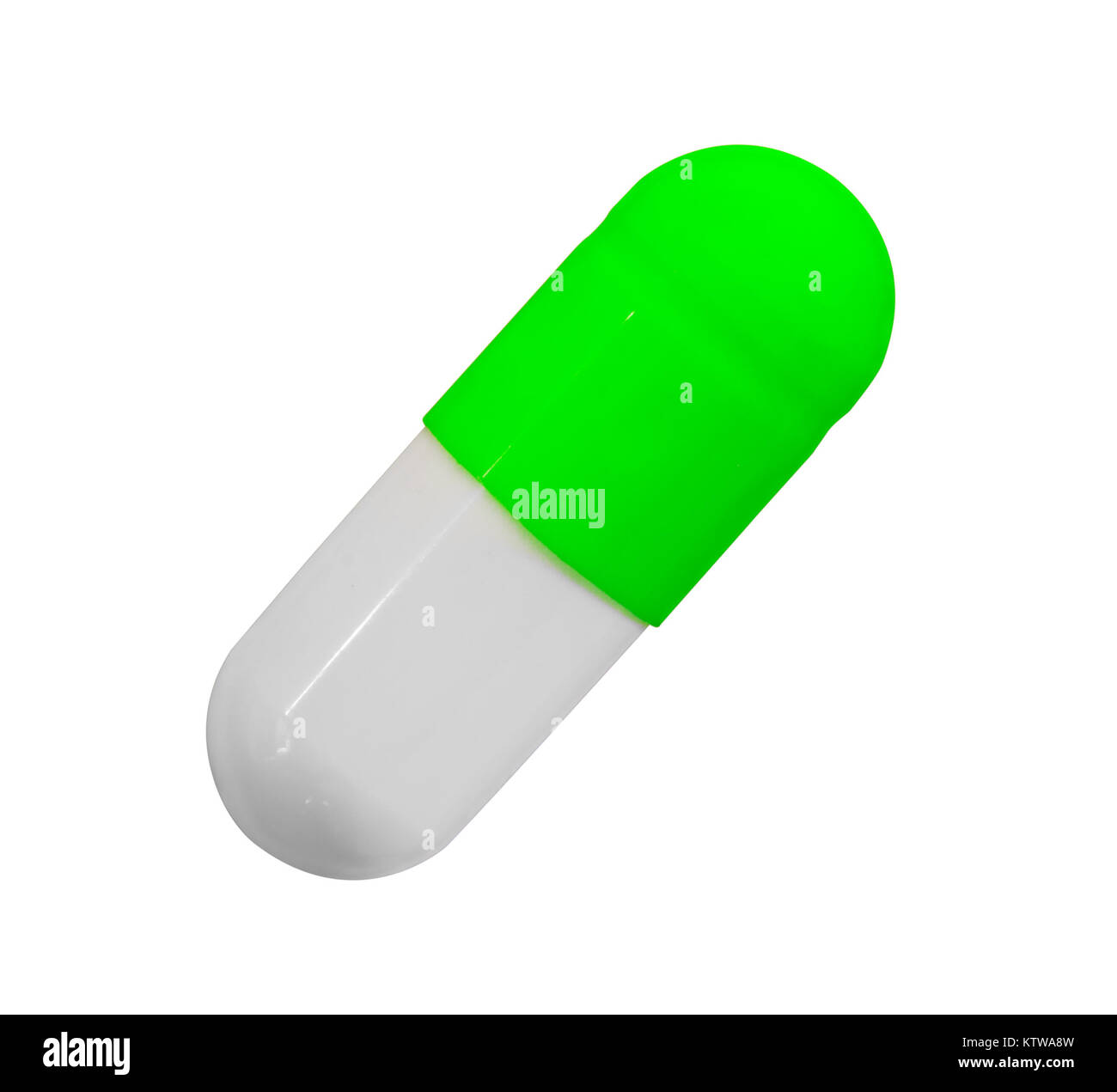 a gelatin capsule with a green cap isolated on white background, top ...