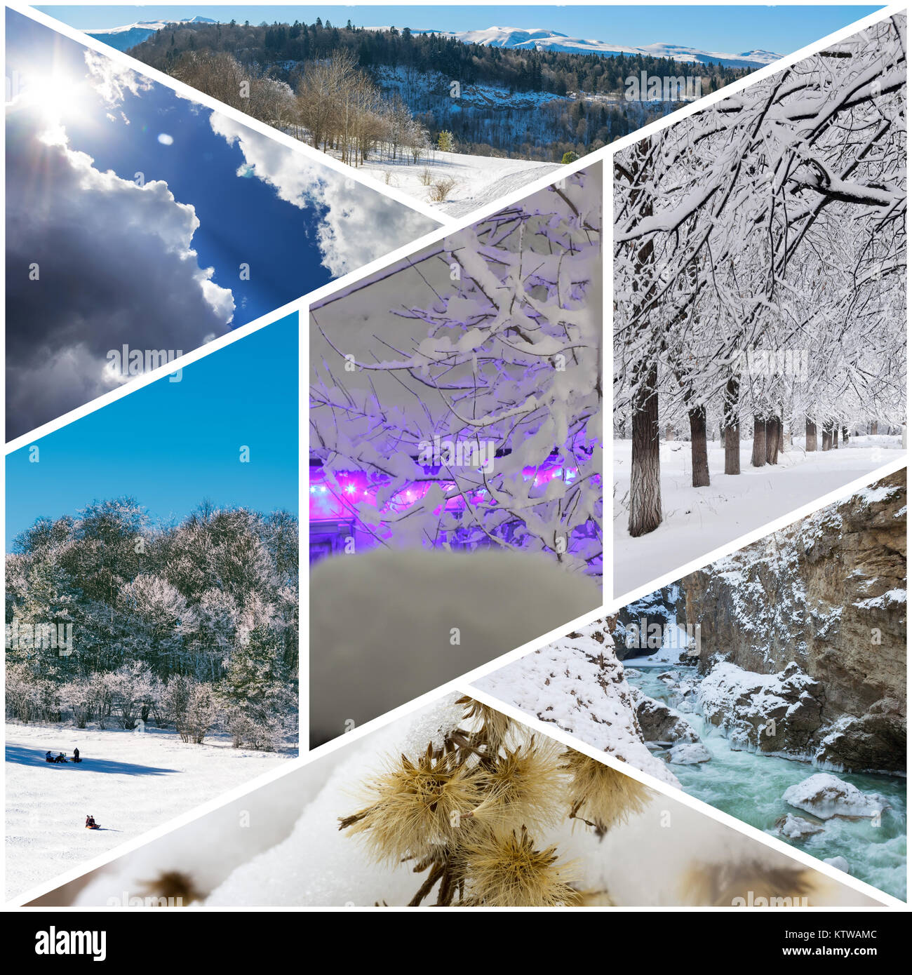 winter collage of photos of a village house in Christmas lights ...