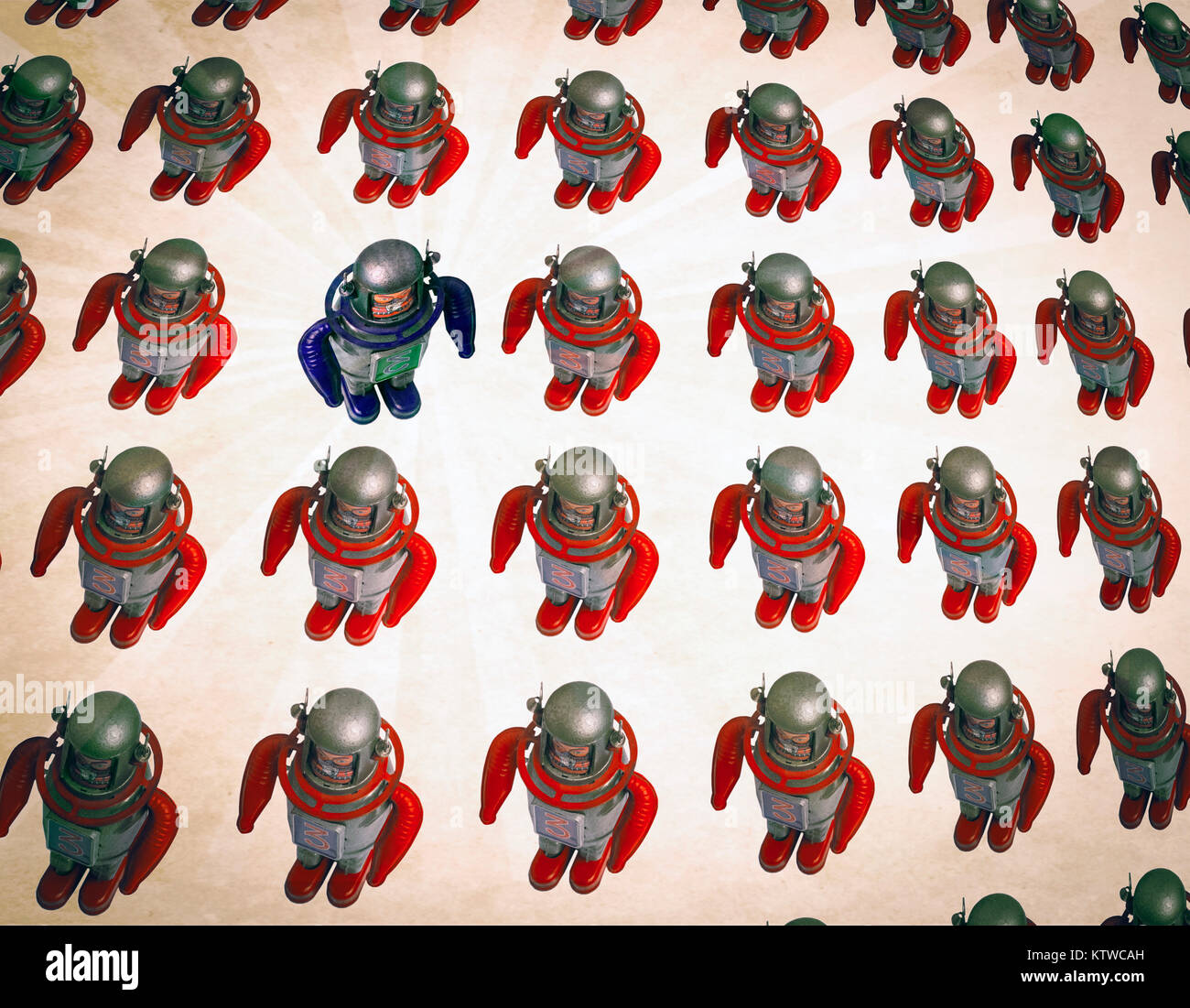 concept against the crowd with retro robot toys pop art style Stock ...