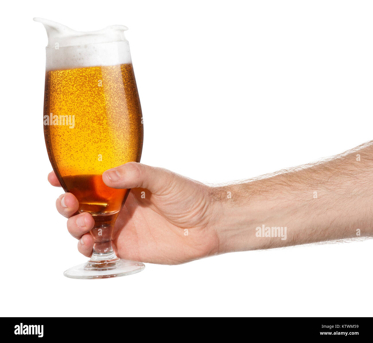 hand with glass of beer with splash isolated on white background. Male ...