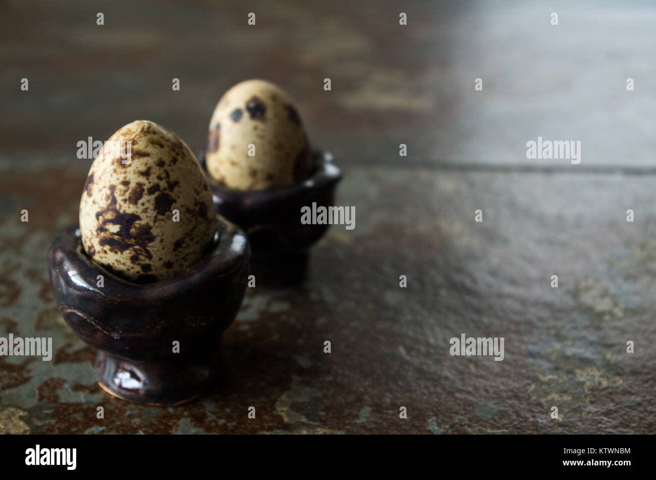 Two quail eggs on table next to each other with copy space on the left ...