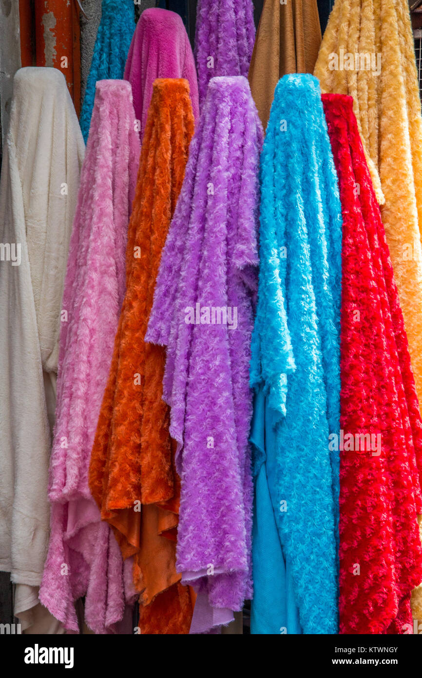 Brightly coloured material for sale, shop, Chinatown, Bangkok, Thailand ...