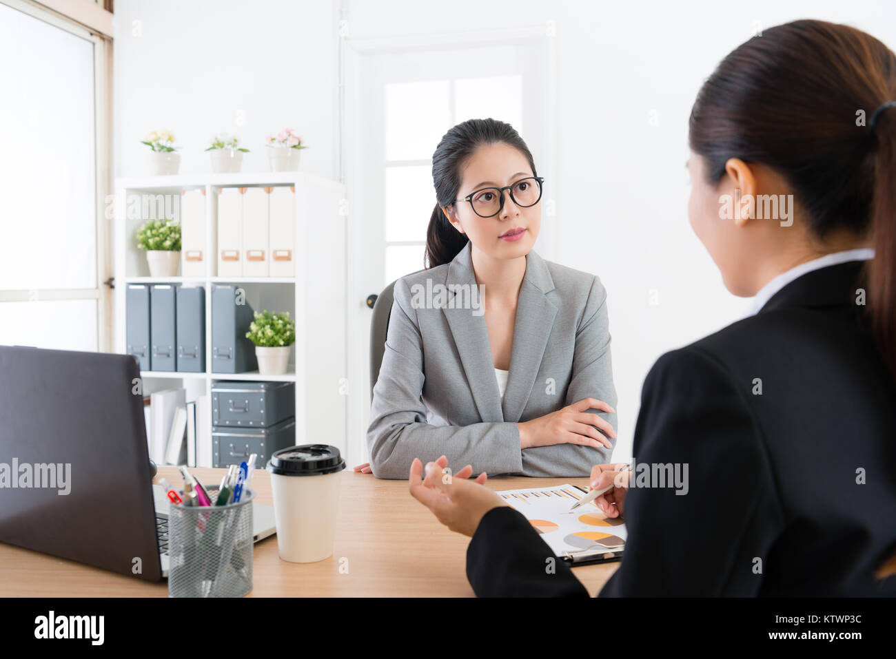 beauty attractive business woman listening professional female sales ...