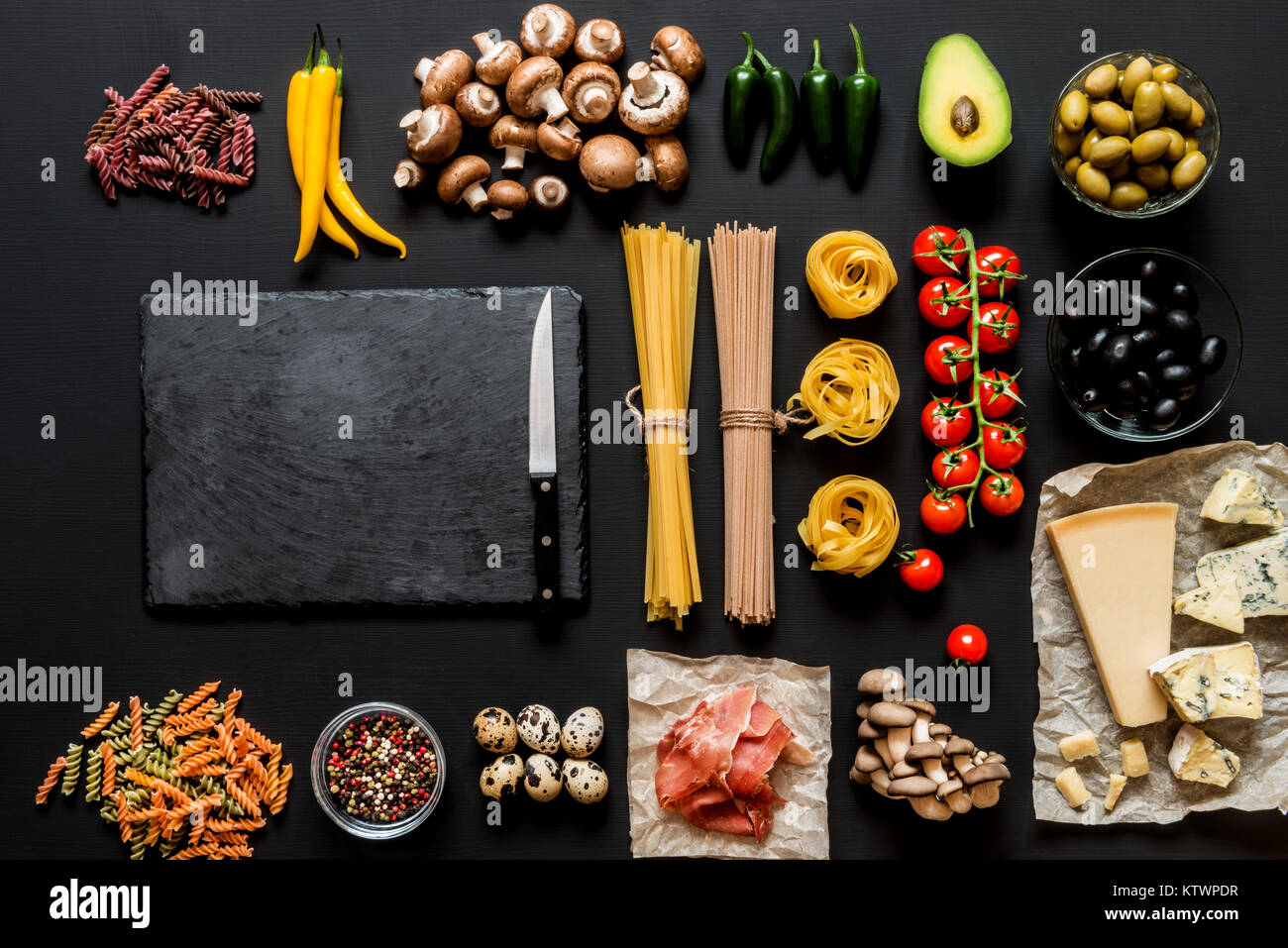 Different fresh ingredients for cooking italian pasta, spaghetti ...