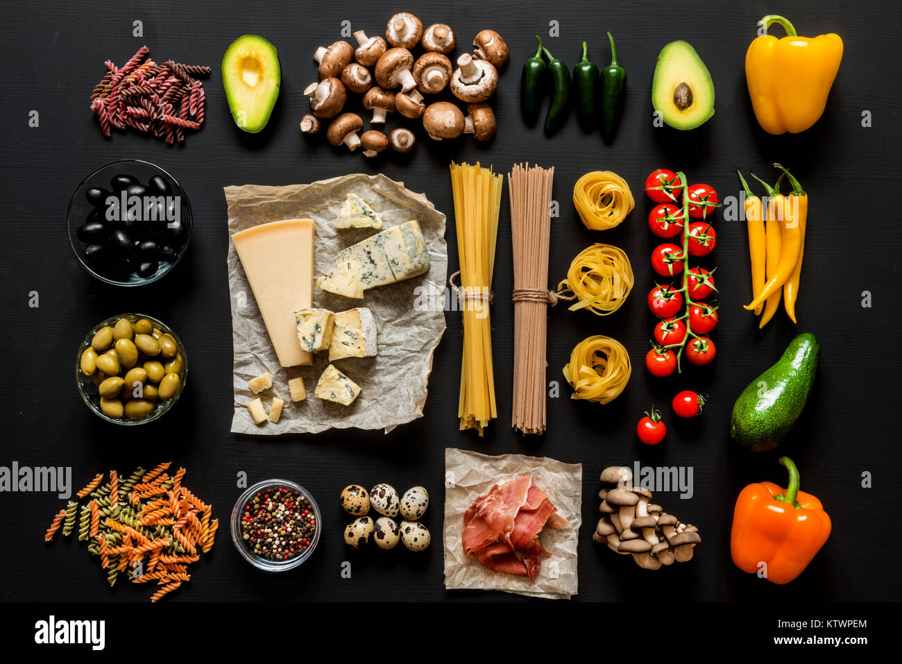 Different fresh ingredients for cooking italian pasta, spaghetti ...