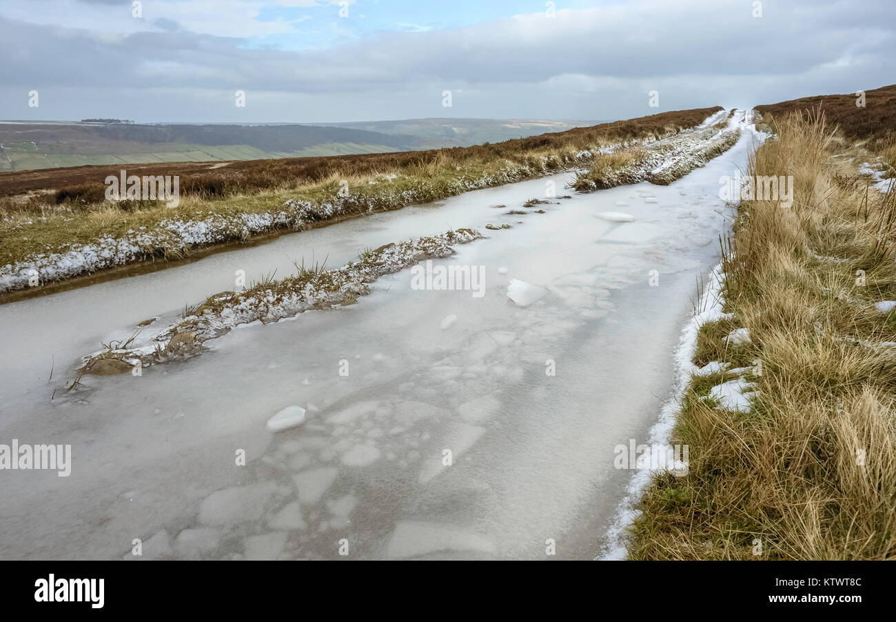 Glaisdale, Yorkshire, UK. View along a frozen dirt track flanked by the ...