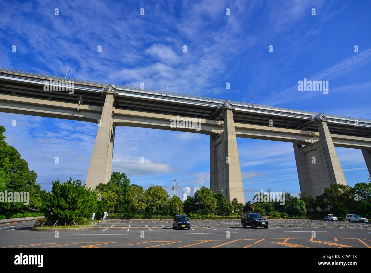 Okayama, Japan - Oct 5, 2017. Great Seto Bridge with parking lot in ...