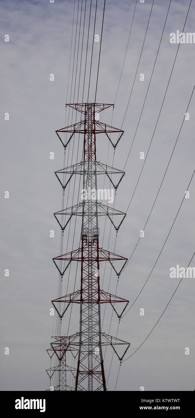 Wire electric pylon under blue sky at sunny day in Okayama, Japan Stock ...