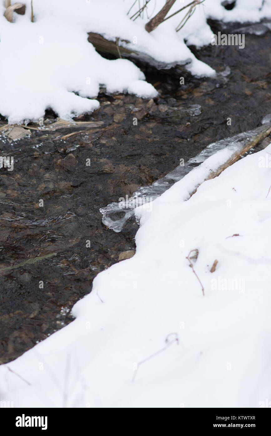 small brook flowing through the snow with small ledge of ice forming ...