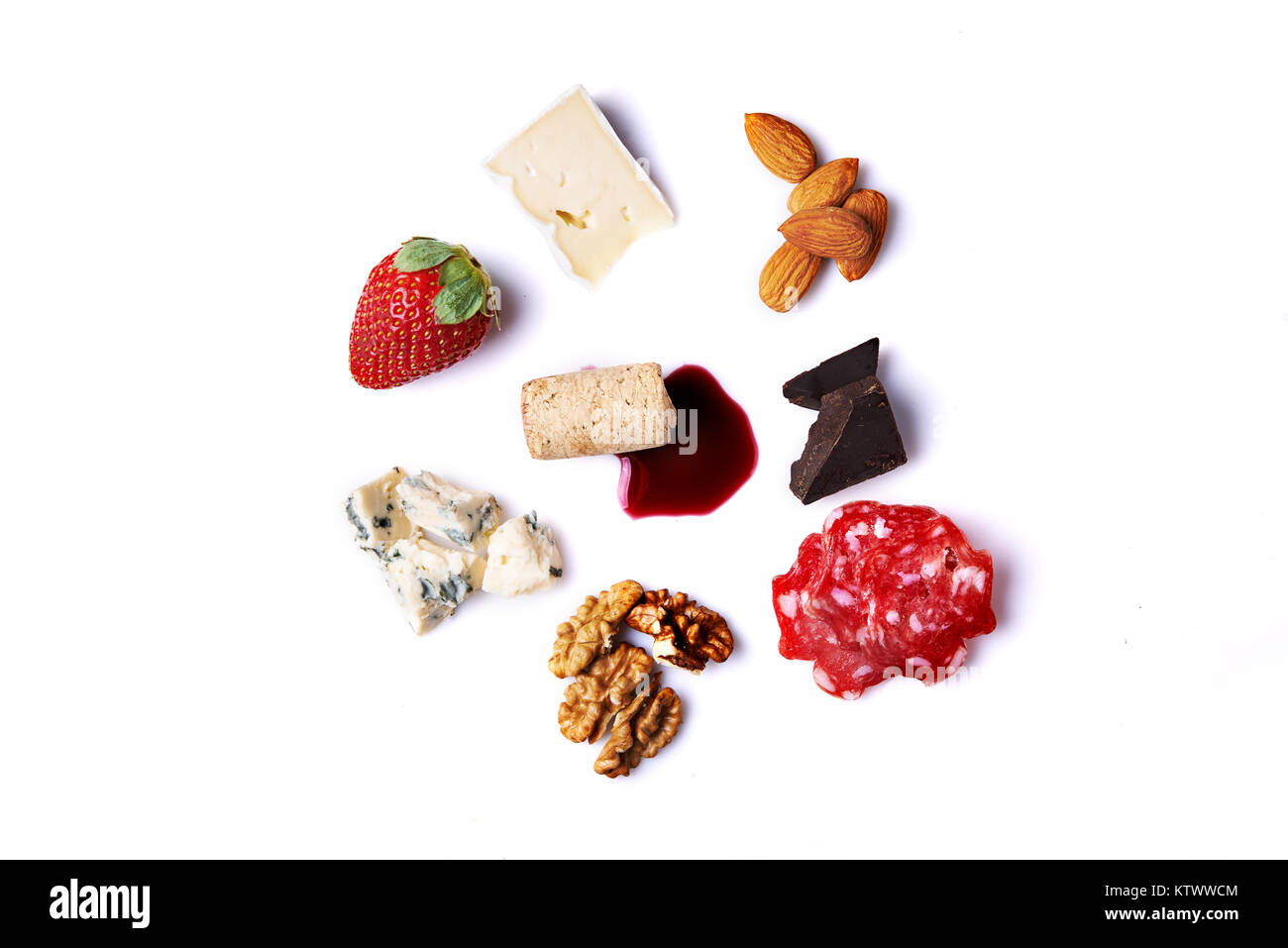 cheese, nuts, meat, chocolate, honey and strawberry and red wine spot ...