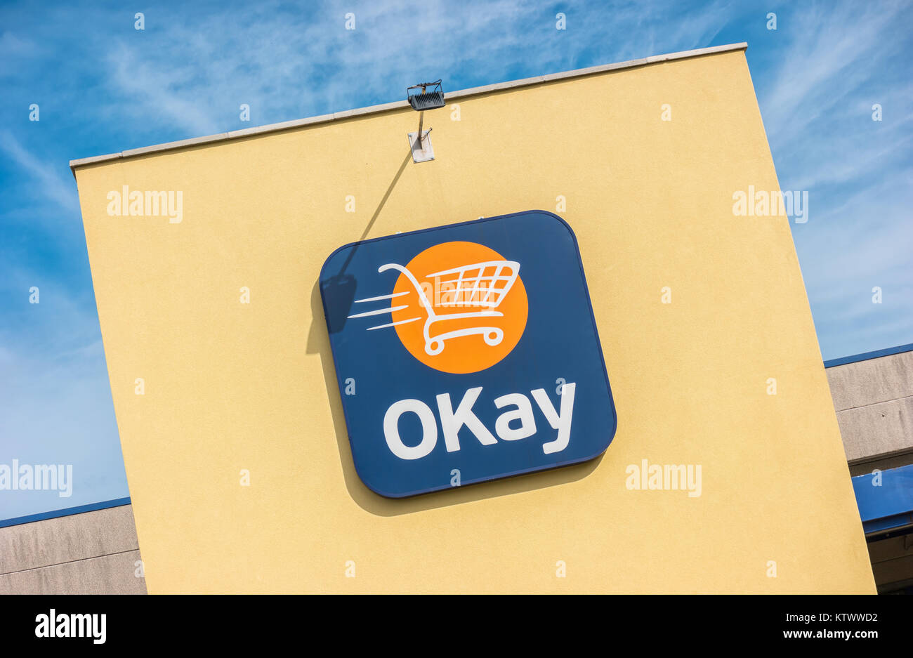 OKay supermarket logo on a Store. OKay is a neighbourhood stores ...