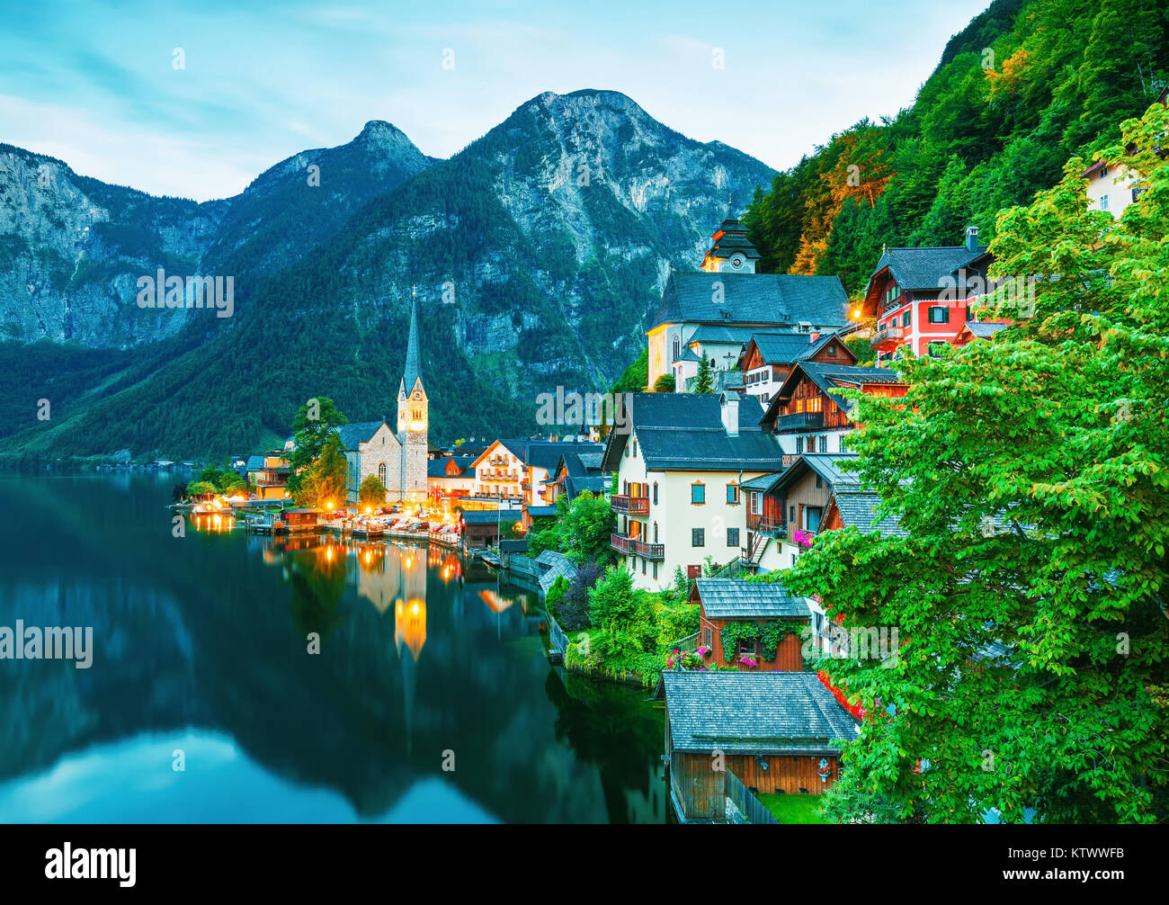 Scenic picture-postcard view of famous Hallstatt mountain village in ...