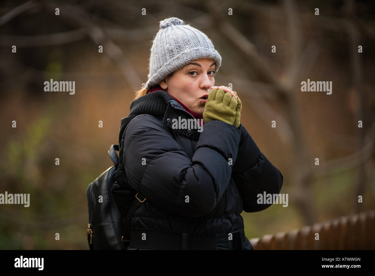 Freezing Cold, Woman Outdoor shots in Park, Winter Stock Photo - Alamy