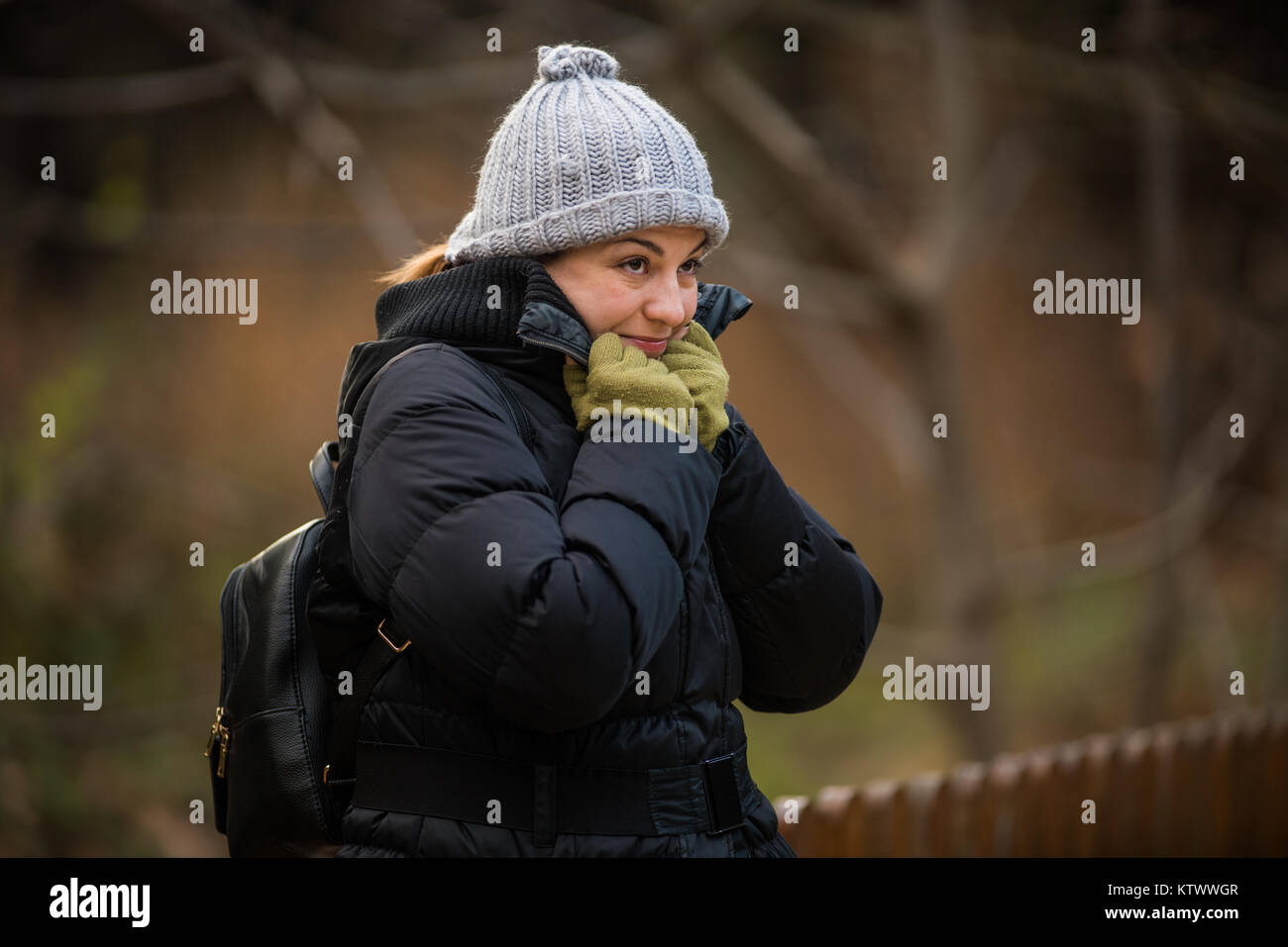 Freezing Cold, Woman Outdoor shots in Park, Winter Stock Photo - Alamy